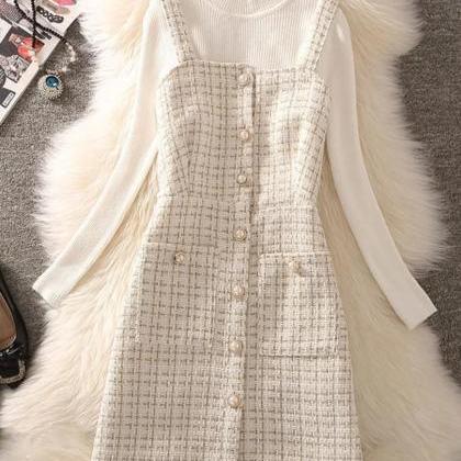 Elegant Tweed Pinafore Dress With White Bow Blouse on Luulla