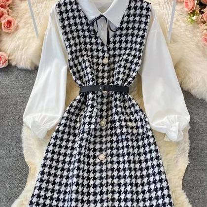 Elegant Tweed Pinafore Dress With White Bow Blouse on Luulla