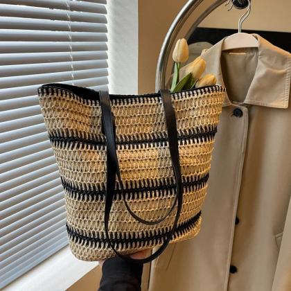 Handwoven Straw Tote Bag With Black Leather Straps on Luulla