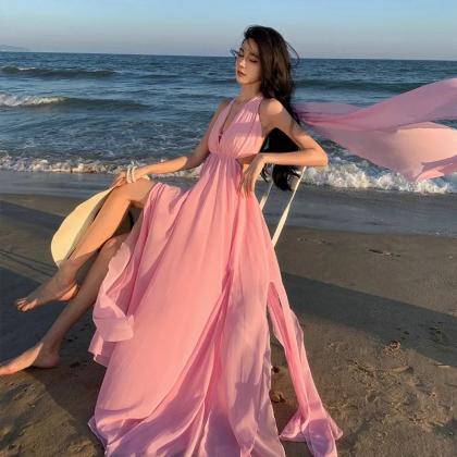 Elegant Pink Beach Dress With Open Back on Luulla