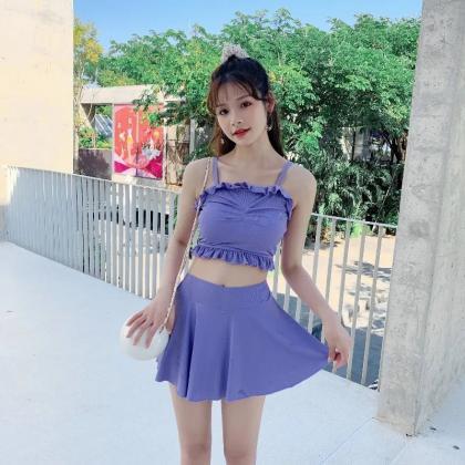 Womens Black Ruffled Two-piece Swimsuit Set on Luulla