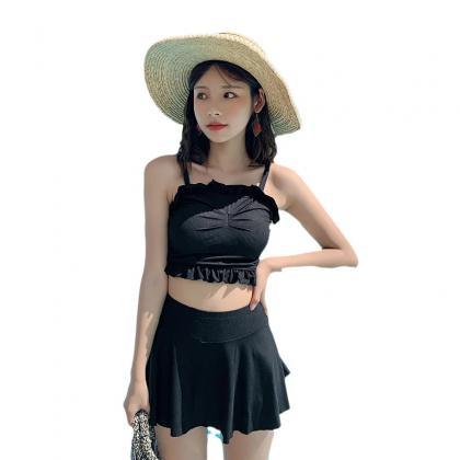 Womens Black Ruffled Two-piece Swimsuit Set on Luulla