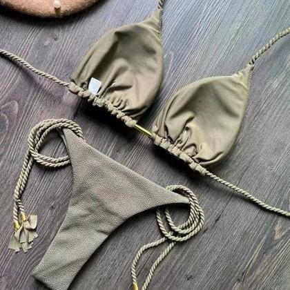 Olive Green Braided Rope Triangle Bikini Set on Luulla