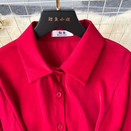 Elegant Red Button-up Dress With Cutouts on Luulla