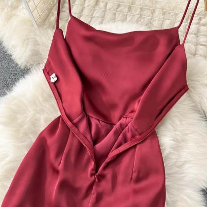 Elegant Red Satin Slip Midi Dress on Luulla