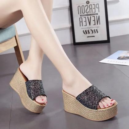 Glittery White Platform Wedge Slide Sandals on Luulla