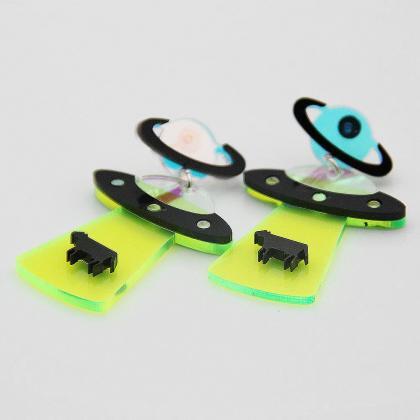 Ufo Cow Abduction Themed Acrylic Dangle Earrings on Luulla