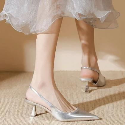 Silver Pointed Toe Slingback Kitten Heel Shoes on Luulla