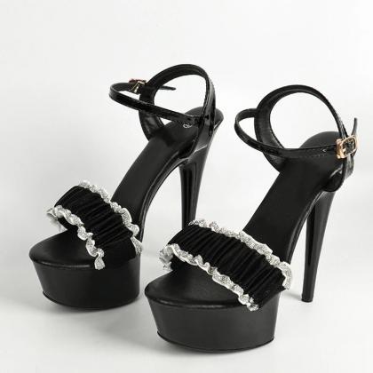 White Ruffle High Heel Platform Party Sandals on Luulla
