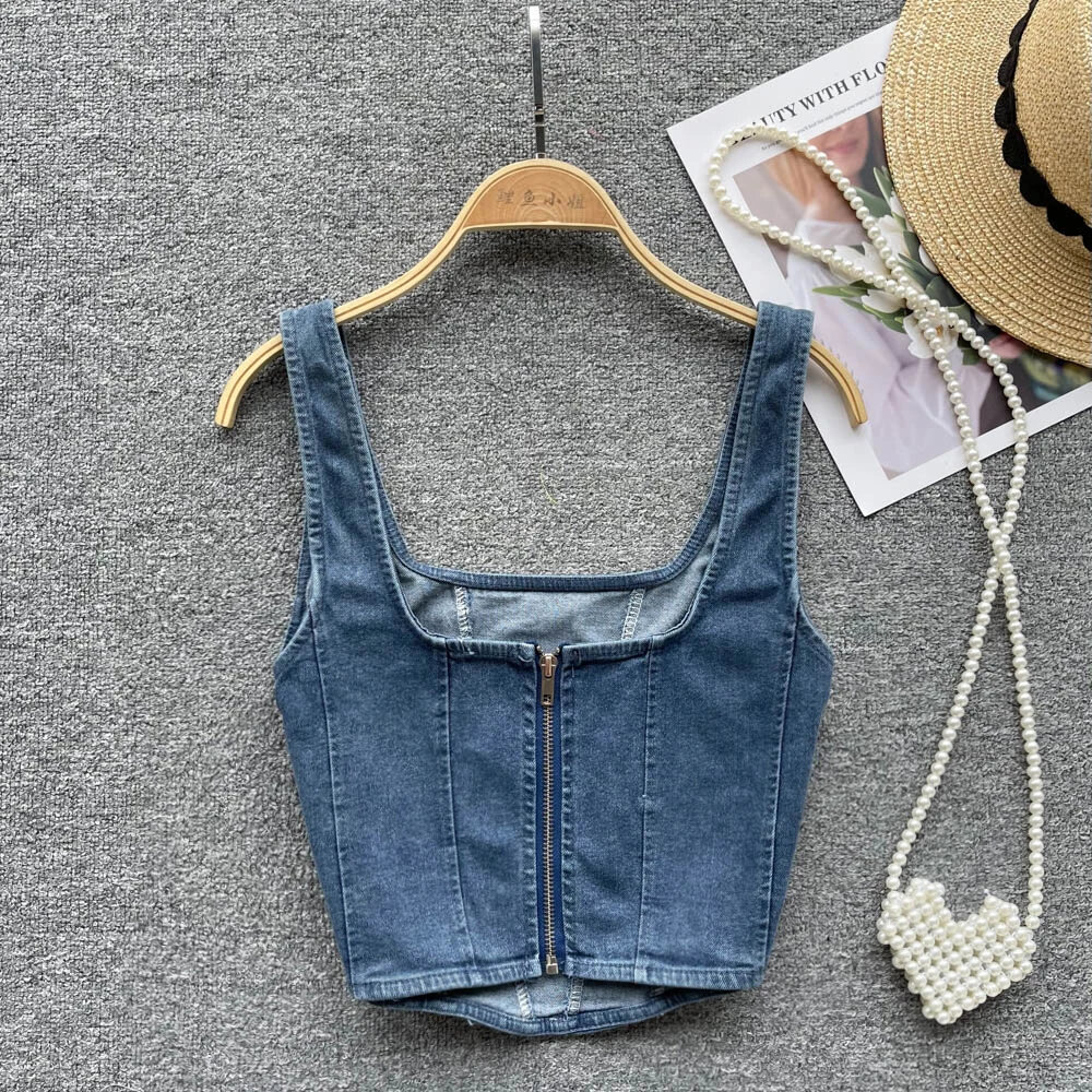 Women Summer Imitation Denim Camis Wide Shoulder Strap Zipper Tank Top ...