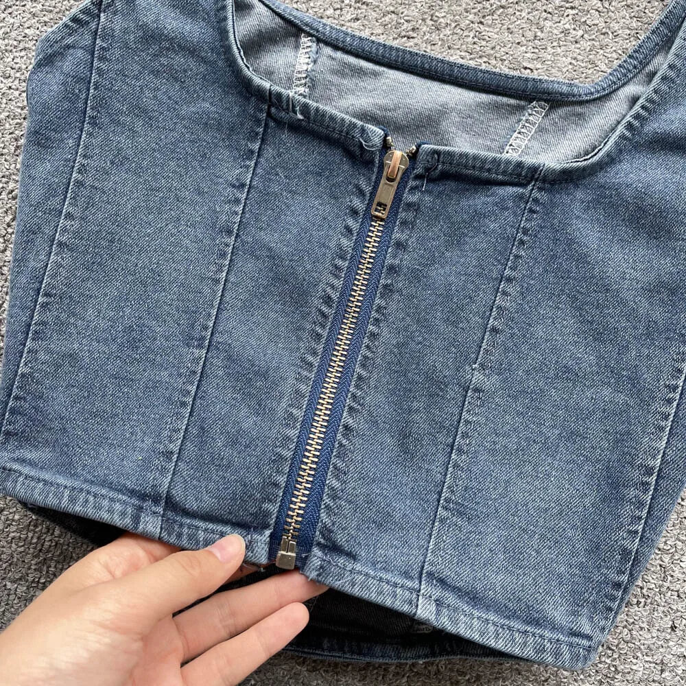 Women Summer Imitation Denim Camis Wide Shoulder Strap Zipper Tank Top ...