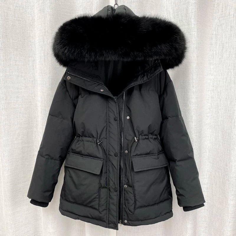 Sleek Ivory Snowfall Ready Parka With Fur Trim Hood, Winter Warm Parka ...