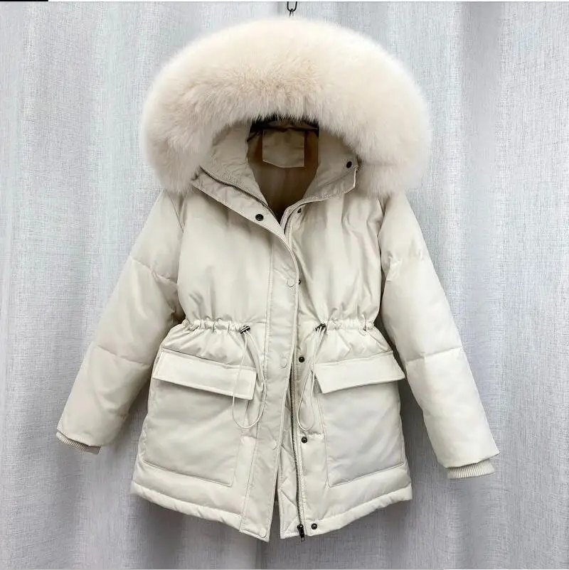 Sleek Ivory Snowfall Ready Parka With Fur Trim Hood, Winter Warm Parka ...