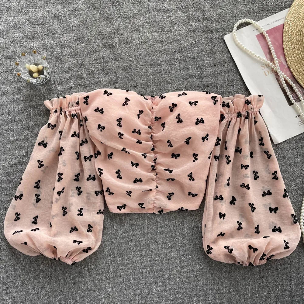 Whimsical Butterfly Print Puff Sleeve Crop Top on Luulla