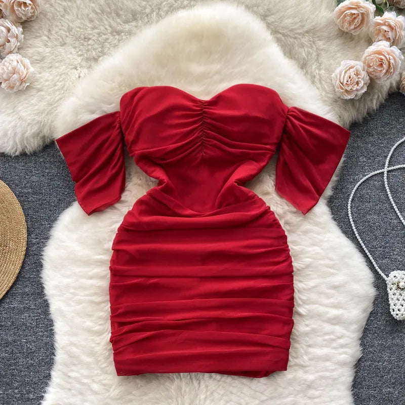 Romantic Red Satin Puff-sleeve Mini Dress on Luulla
