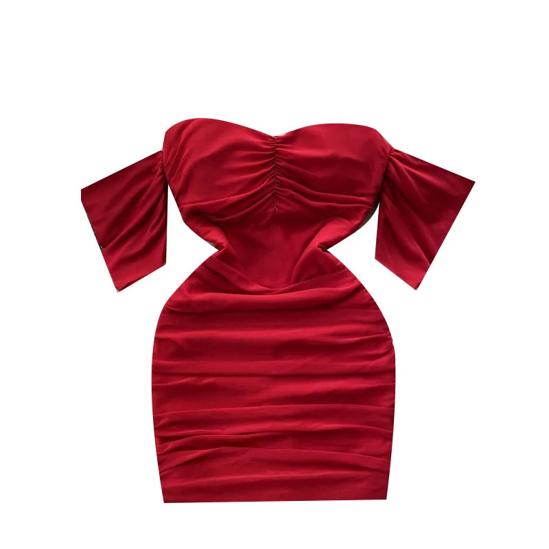 Romantic Red Satin Puff-sleeve Mini Dress on Luulla