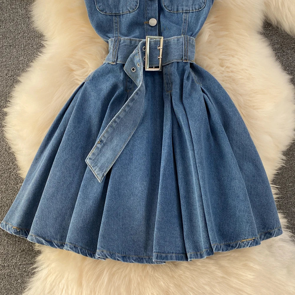 Vintage-inspired Denim Flare Dress With Belted Waist on Luulla