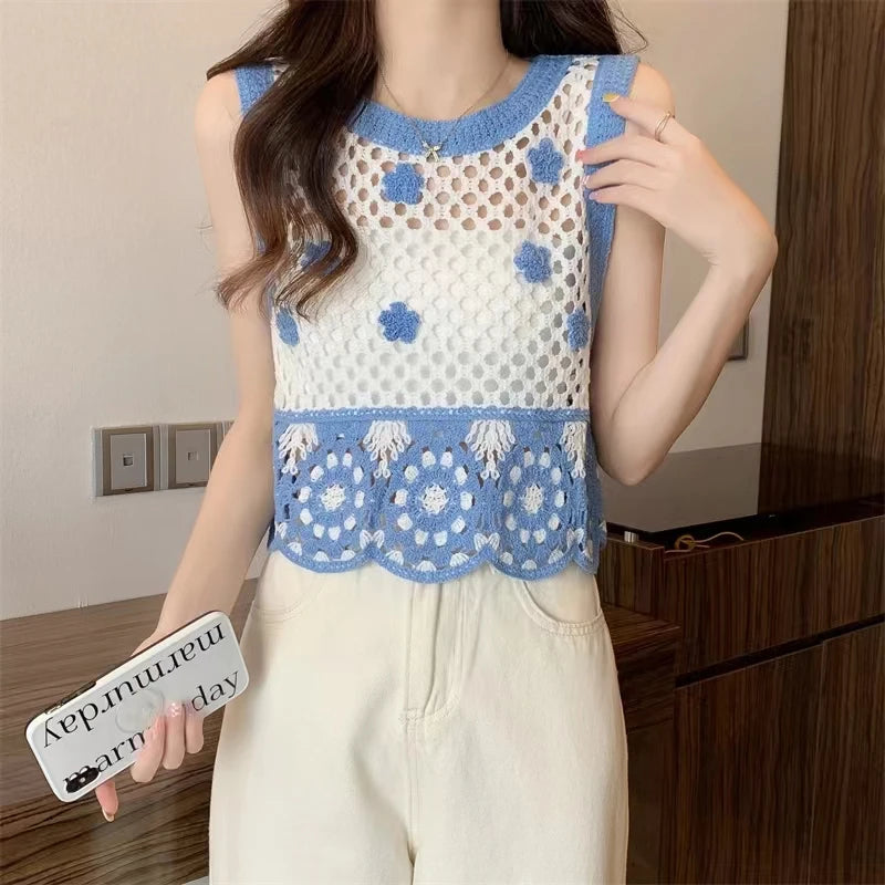 Womens Crochet Lace Trim Sleeveless Polka Dot Top On Luulla