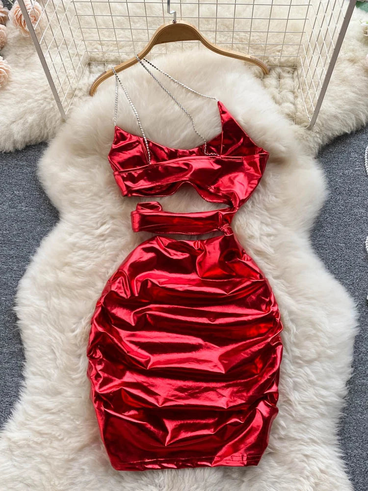 Elegant Satin Red Cocktail Dress With Chain Straps on Luulla