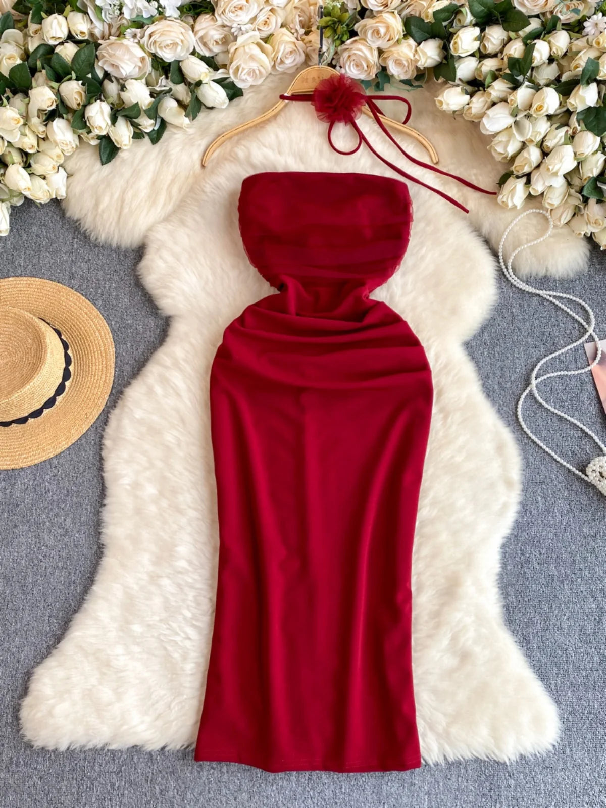 Elegant Red Velvet Maxi Dress With Ribbon Tie- on Luulla