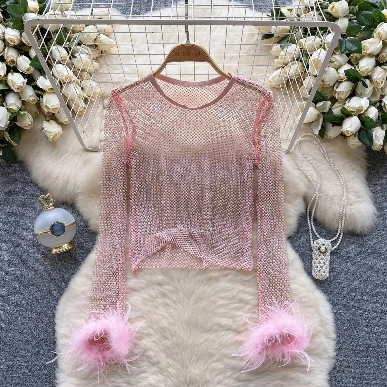 Womens Sheer Pink Mesh Top With Feathered Sleeve Detail on Luulla