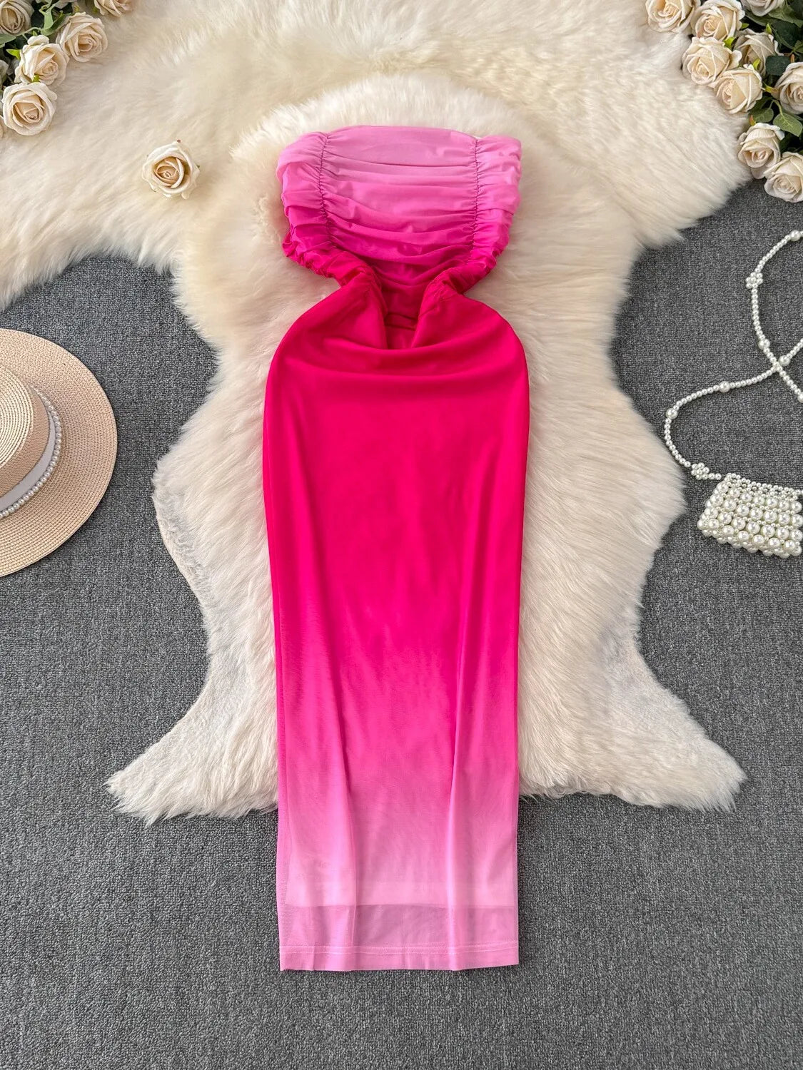 Elegant Pink Satin Maxi Dress With Ruffles on Luulla