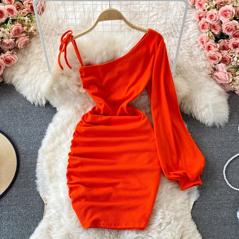 Elegant One-shoulder Satin Bodycon Mini Dress Red on Luulla