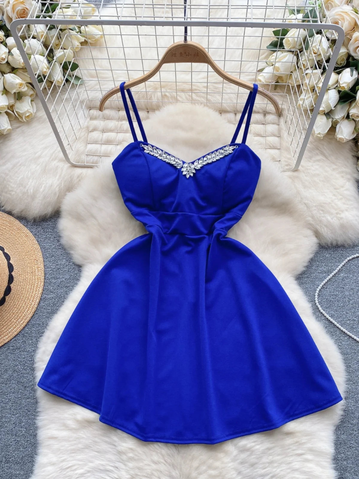 Elegant Royal Blue Cocktail Dress With Rhinestone Detail on Luulla