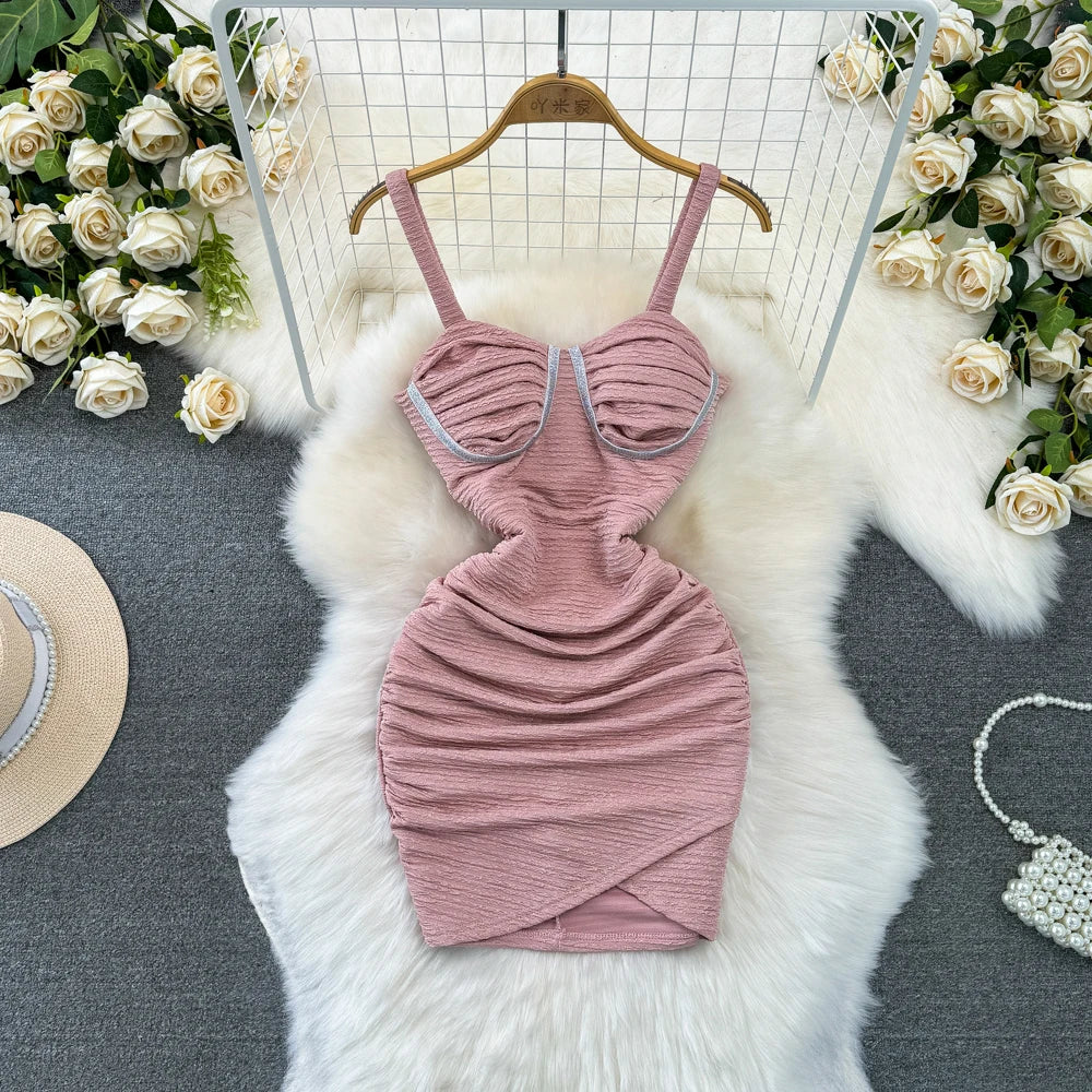 Elegant Pink Ruched Bodycon Mini Dress With Straps on Luulla