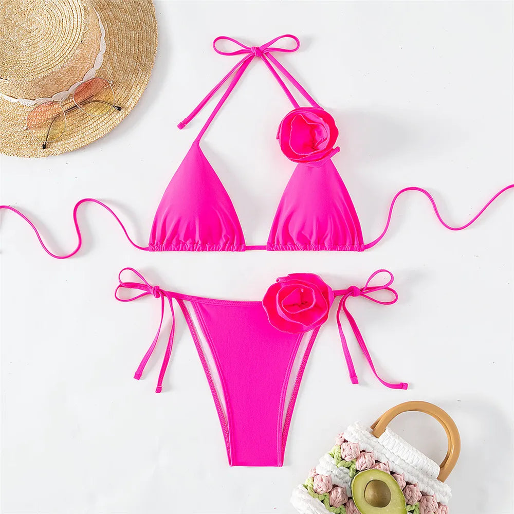 Womens Bright Pink Triangle Bikini Set With Rose Detail on Luulla