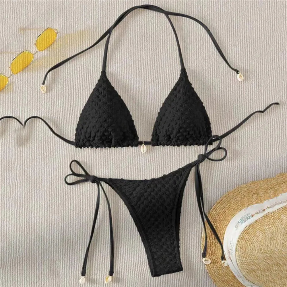 Womens Textured Tie Side Bikini Set With Pearls Accents On Luulla