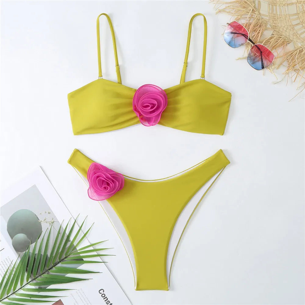 Trendy Yellow Bikini Set With Pink Rose Accents on Luulla