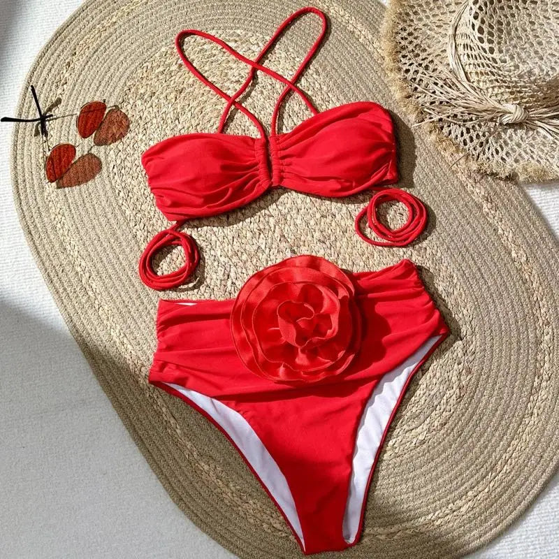 Womens Red Bandeau Bikini Set With Floral Accent On Luulla