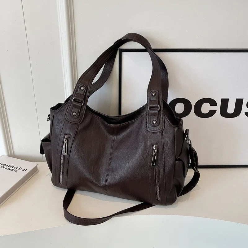 Elegant Faux Leather Handbag With Zipper Details on Luulla