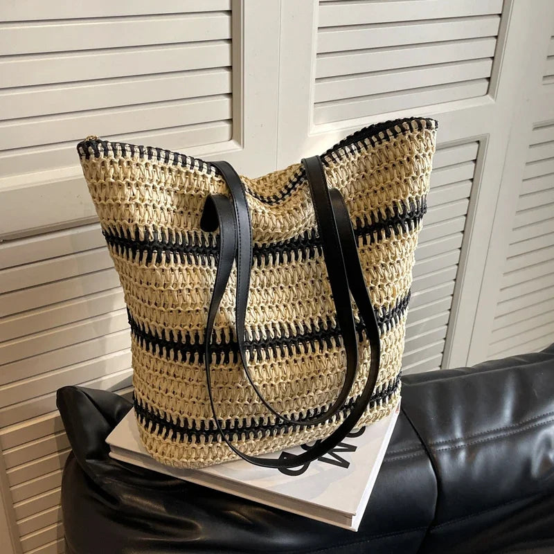 Handwoven Straw Tote Bag With Black Leather Straps on Luulla