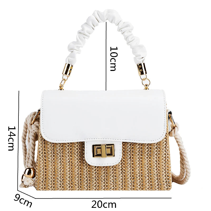 Elegant Woven Straw And Leather Handbag With Gold Accents on Luulla