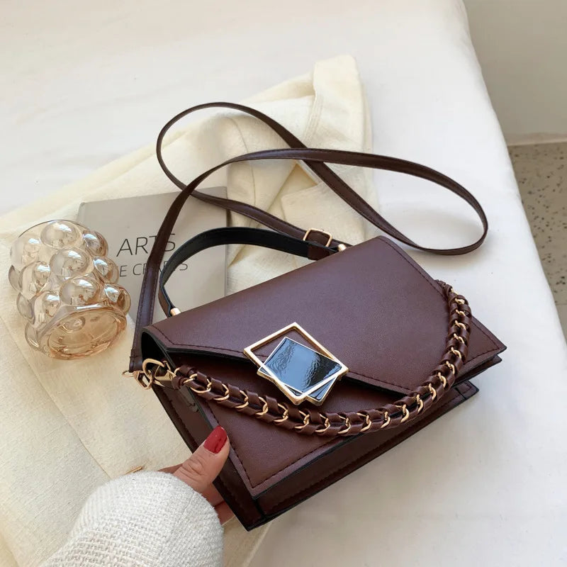 Elegant Brown Leather Chain Strap Crossbody Bag on Luulla