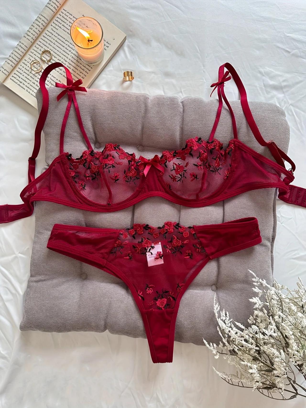 Lacy Red Floral Embroidered Lingerie Set on Luulla