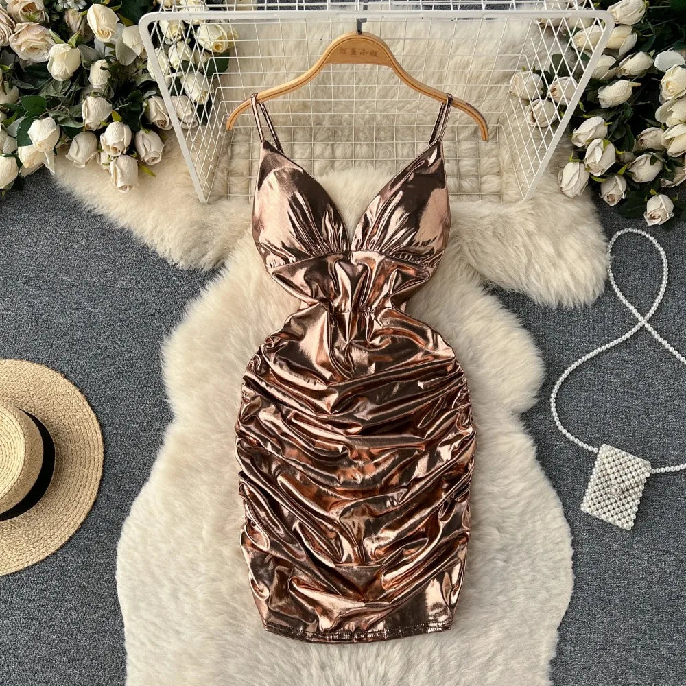 Metallic Ruched Bodycon Dress With Spaghetti Straps on Luulla