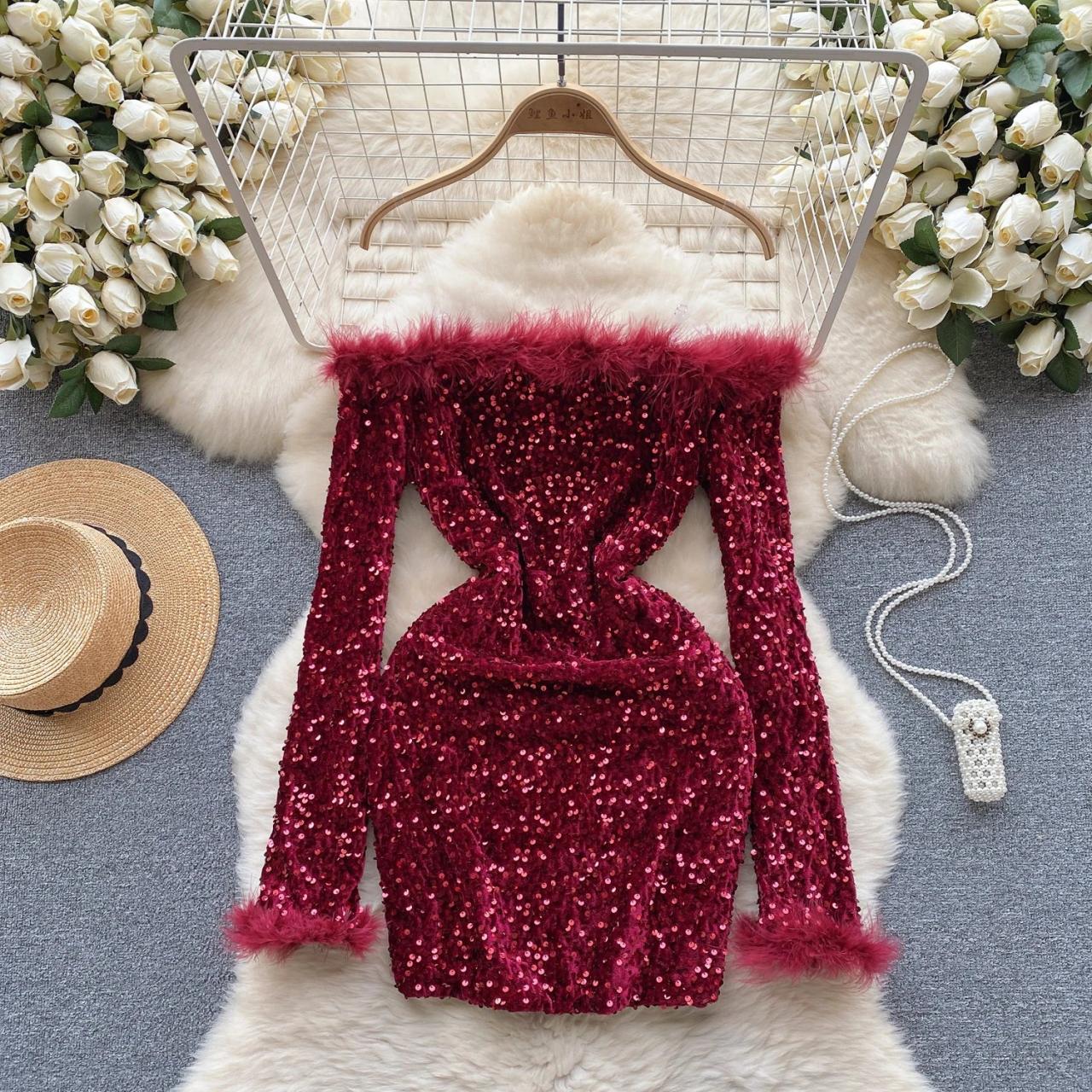 Burgundy Sequin Off-shoulder Bodycon Party Dress on Luulla