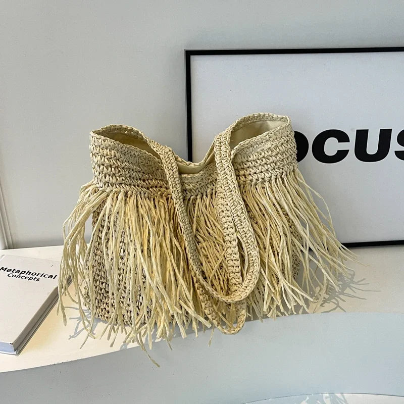 Handmade Straw Fringe Tote Bag Beach Style on Luulla