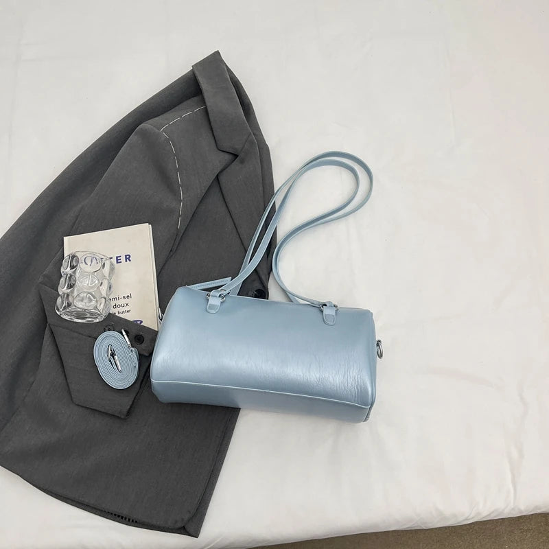 Stylish Light Blue Leather Barrel Handbag Purse on Luulla