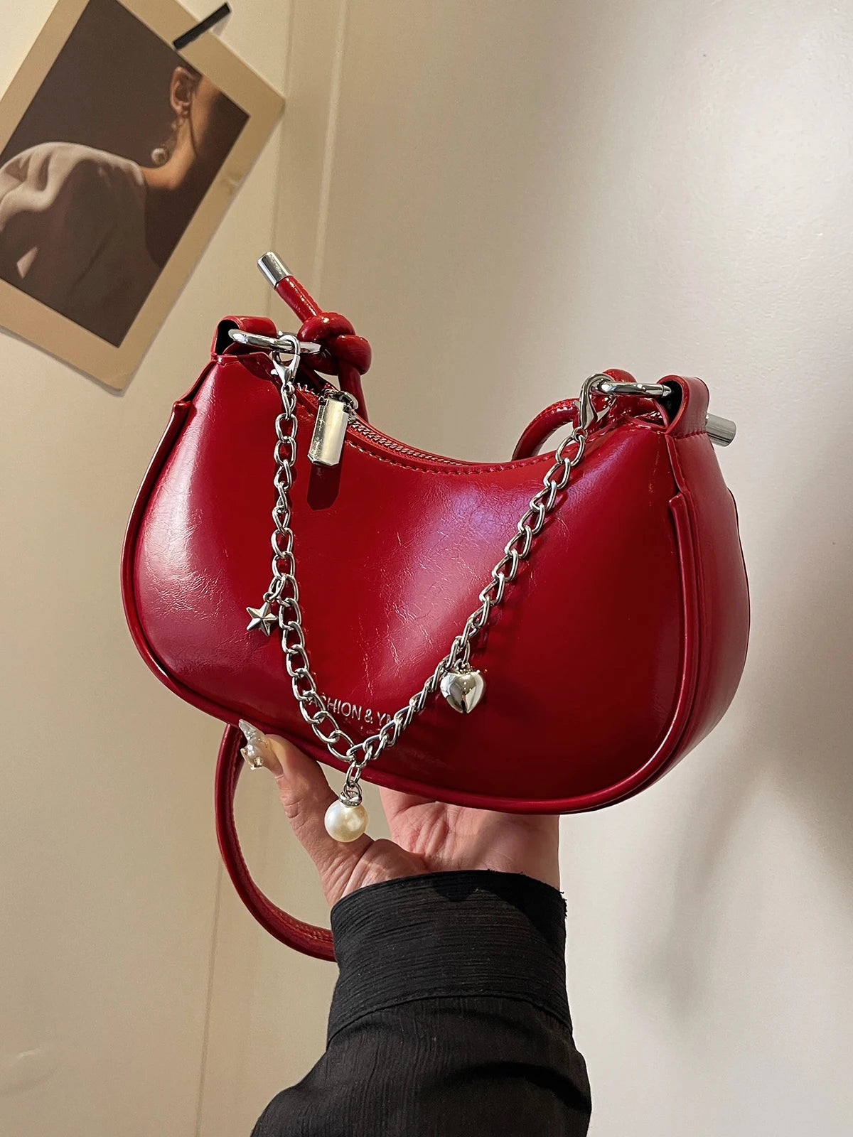 Elegant Red Leather Handbag With Silver Chain on Luulla