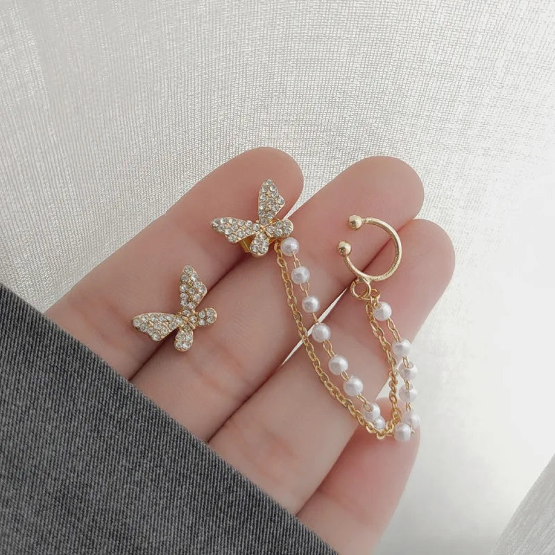 Butterfly Chain Earrings With Pearl Accents on Luulla
