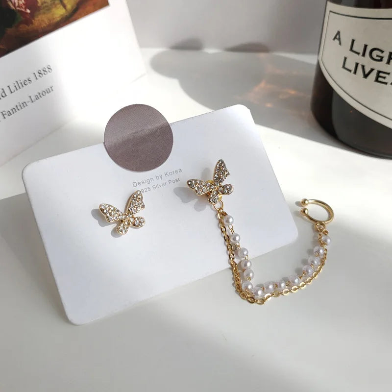 Butterfly Chain Earrings With Pearl Accents on Luulla