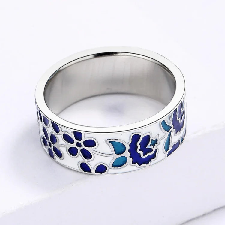 Blue Enamel Floral Pattern Sterling Silver Ring on Luulla