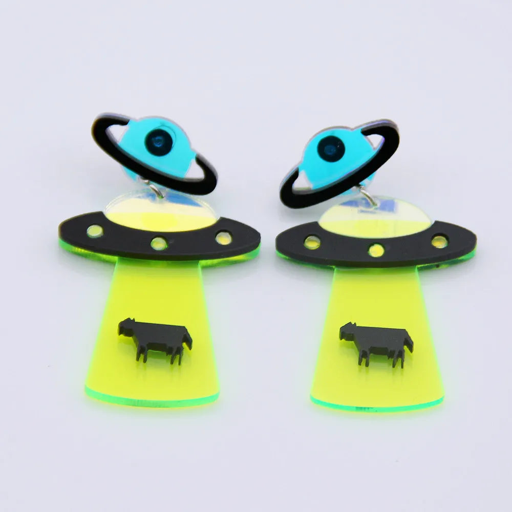Ufo Cow Abduction Themed Acrylic Dangle Earrings on Luulla