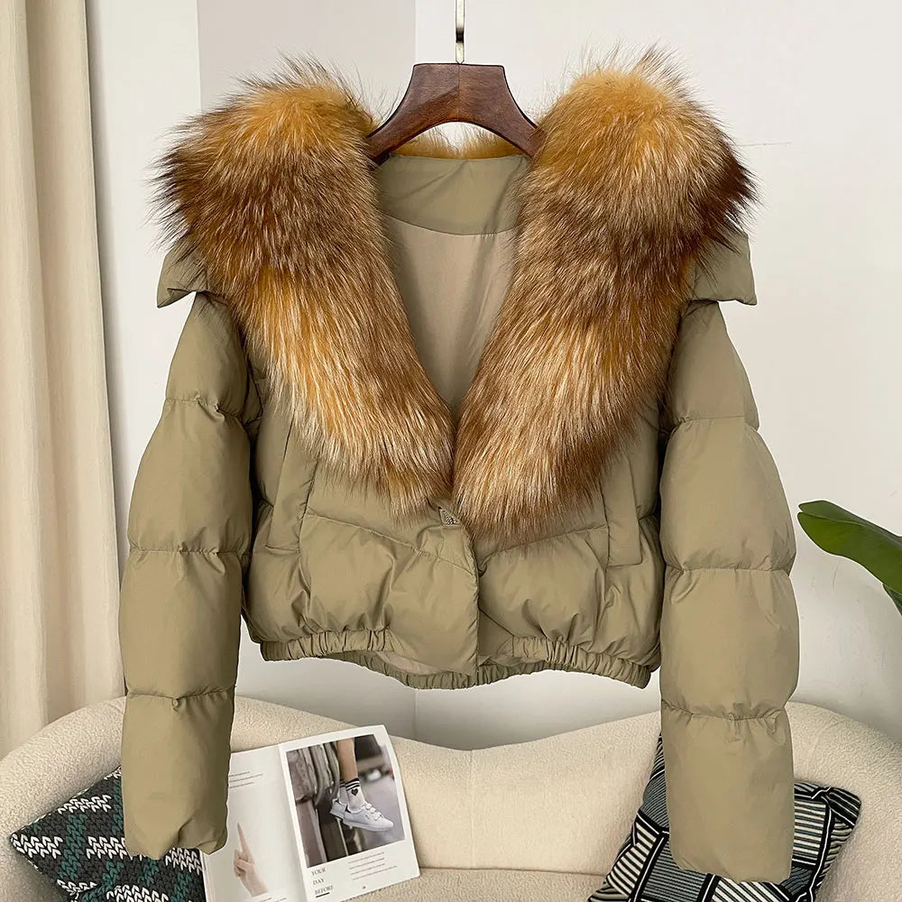Cozy Fur-trimmed Olive Green Puffer Jacket on Luulla