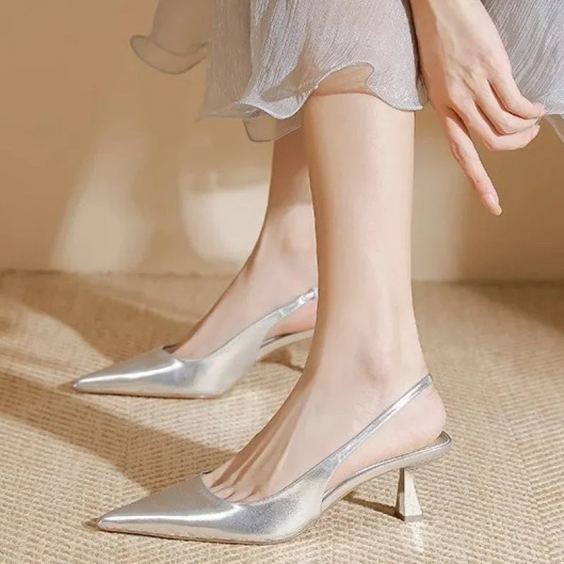 Silver Pointed Toe Slingback Kitten Heel Shoes on Luulla
