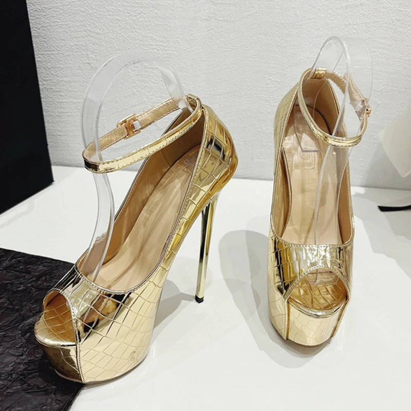 Gold Platform Stilettos With Crocodile Patterned Finish on Luulla
